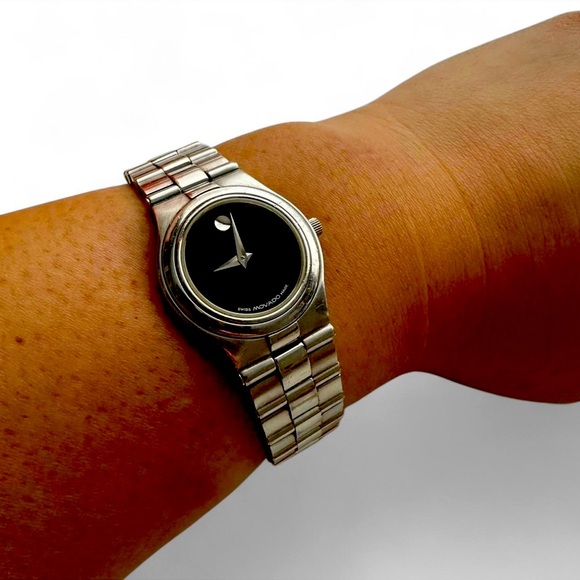 Movado | Accessories | Movado Silver And Black Watch With Stainless ...